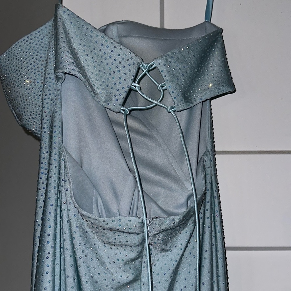 Light Blue Strapless Sparkly Satin Prom Dress - Gem